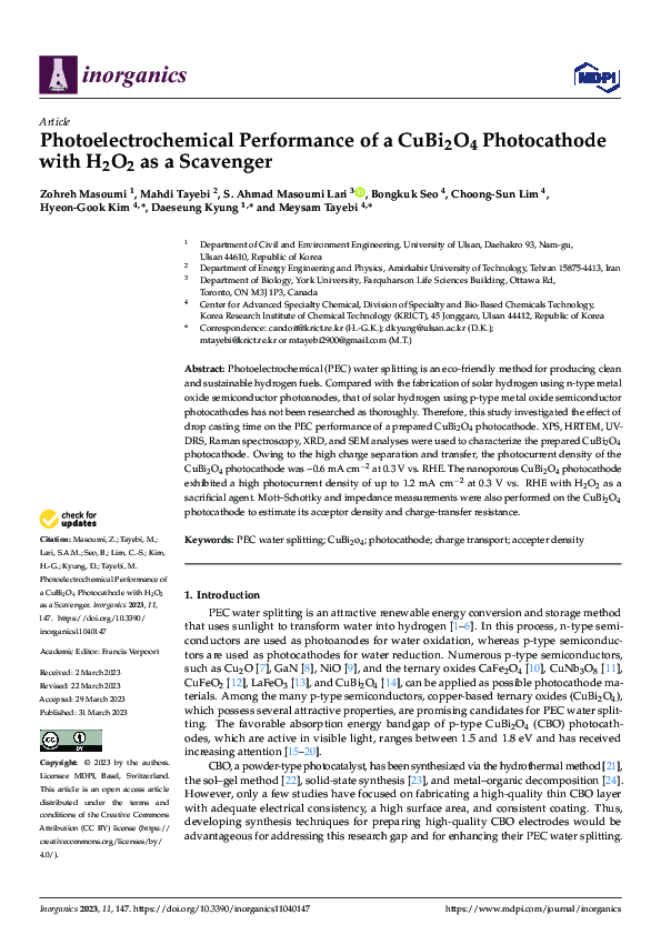 (PDF) Photoelectrochemical Performance of a CuBi2O4 Photocathode with ...