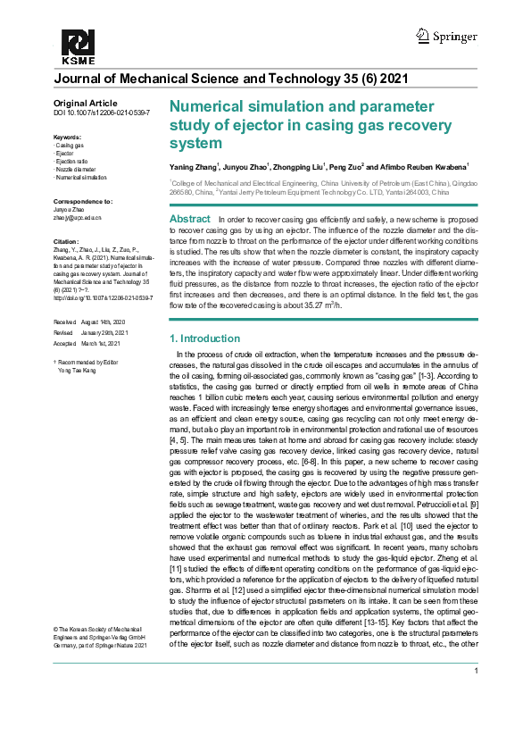 (PDF) Numerical simulation and parameter study of ejector in casing gas recovery system