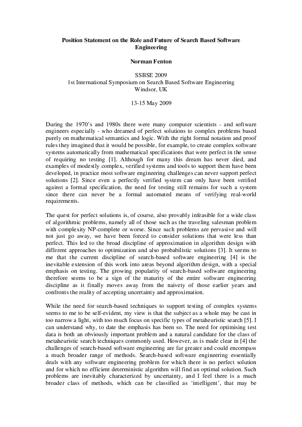 (PDF) Position Statement on the Role and Future of Search Based Software Engineering