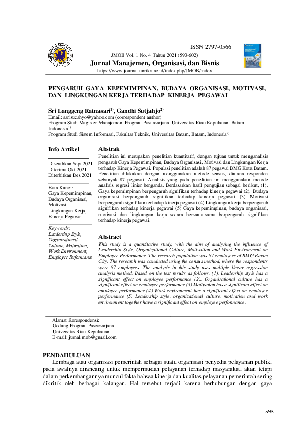 (PDF) Pengaruh Gaya Kepemimpinan, Budaya Organisasi, Motivasi, Dan Lingkungan Kerja Terhadap ...
