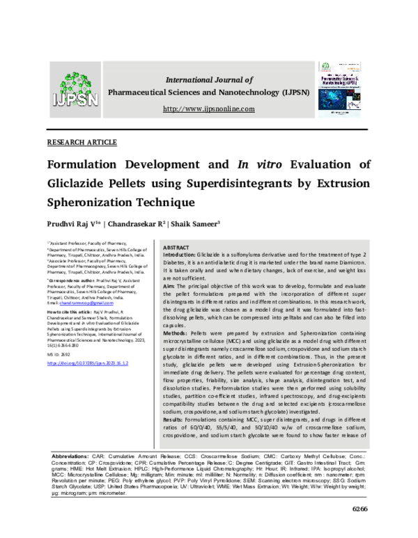 Pdf Formulation Development And In Vitro Evaluation Of Gliclazide Pellets Using