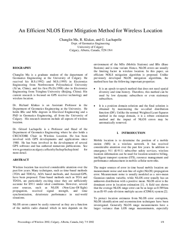 Pdf An Efficient Nlos Error Mitigation Method For Wireless Location