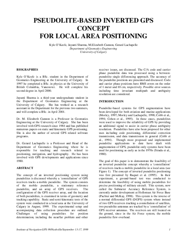 Pdf Pseudolite Based Inverted Gps Concept For Local Area Positioning Gérard Lachapelle
