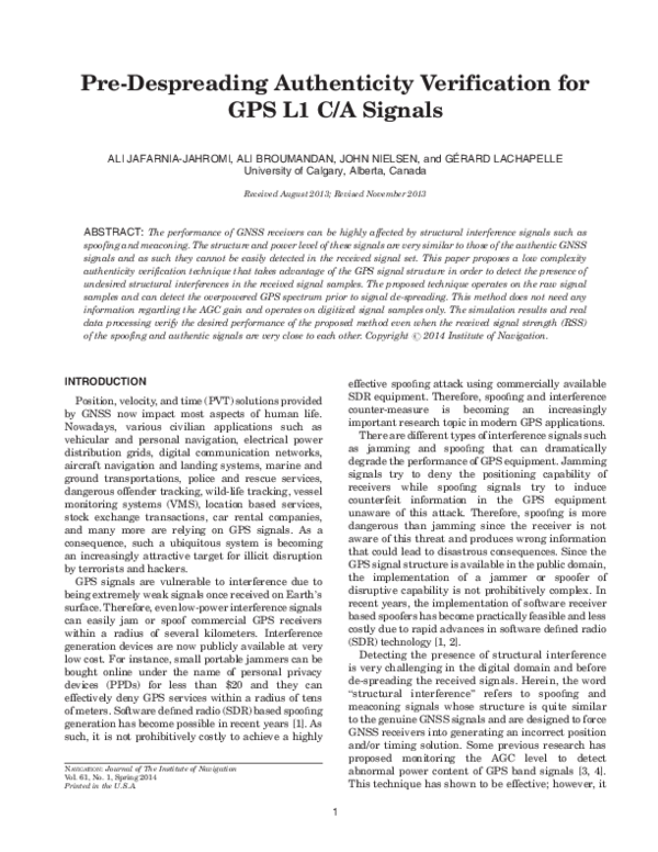 (PDF) Pre-Despreading Authenticity Verification for GPS L1 C/A Signals