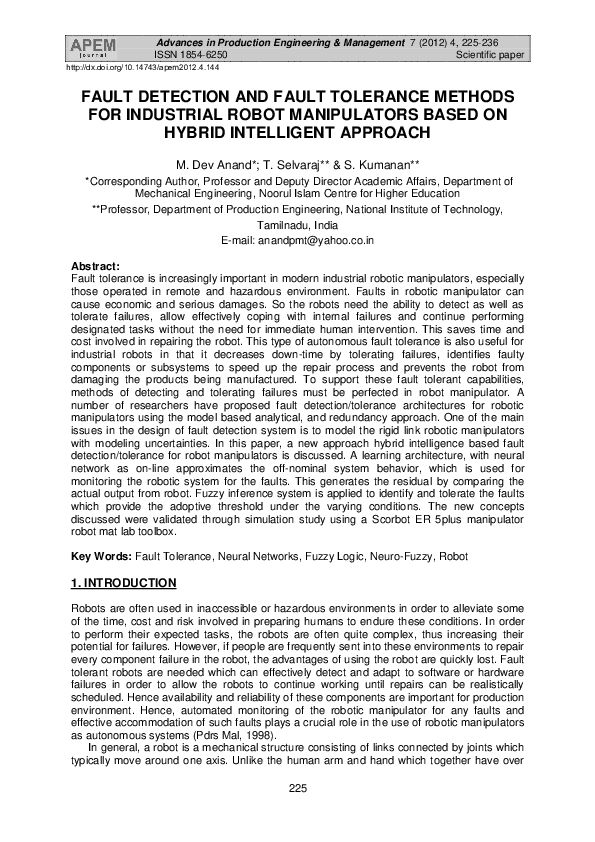 Pdf Fault Detection And Fault Tolerance Methods For Industrial Robot