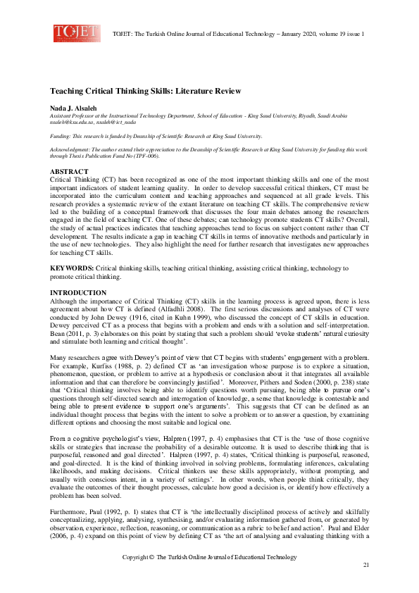 (PDF) Teaching Critical Thinking Skills: Literature Review