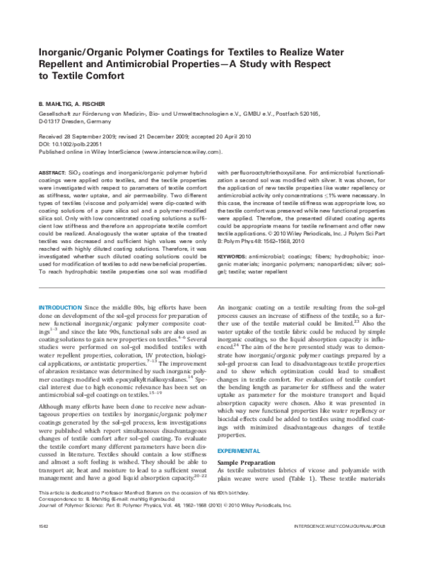 (PDF) Inorganic/organic polymer coatings for textiles to realize water ...