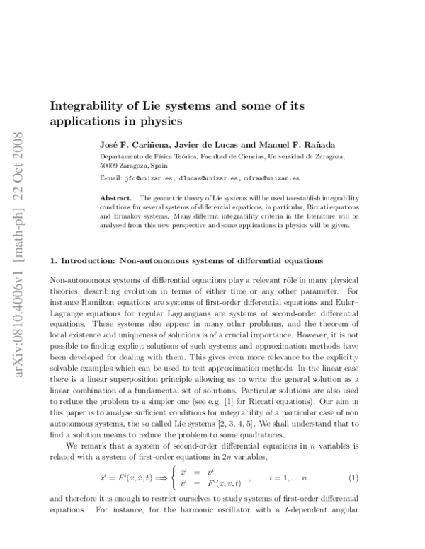 (PDF) Integrability of Lie systems and some of its applications in physics