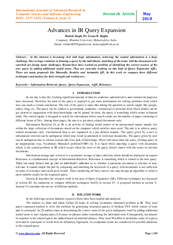 (PDF) Advances in IR Query Expansion