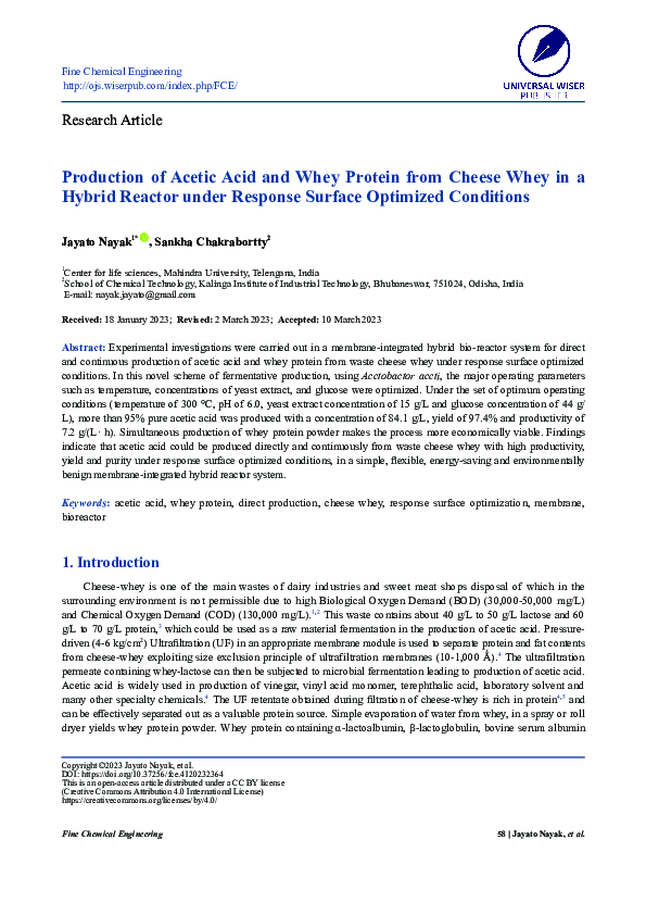 (PDF) Production of Acetic Acid and Whey Protein from Cheese Whey in a ...