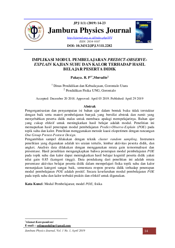 (PDF) Implikasi Modul Pembelajaran Predict-Observe-Explain Kajian Suhu Dan Kalor Terhadap Hasil ...