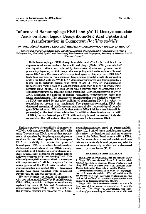 (PDF) Influence of Bacteriophage PBS1 and φW-14 Deoxyribonucleic Acids on Homologous ...