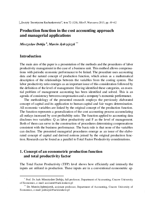 (PDF) Production function in the cost accounting approach and ...
