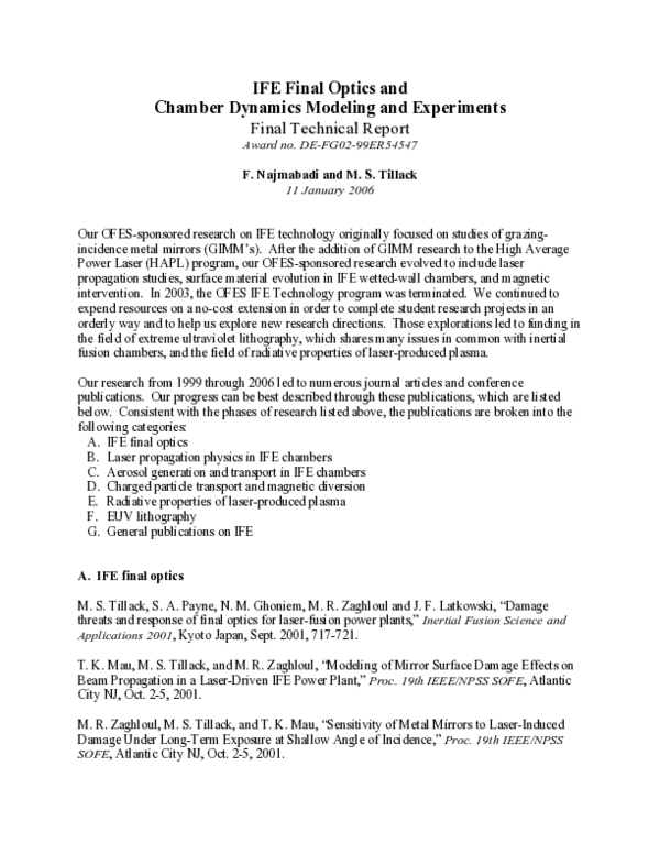 (PDF) IFE Final Optics and Chamber Dynamics Modeling and Experiments Final Technical Report