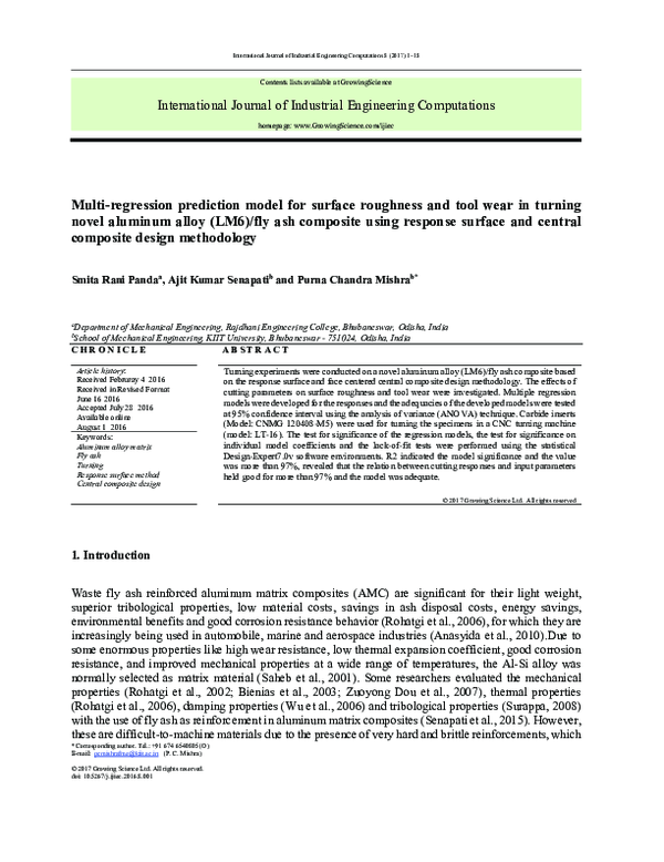 (PDF) Multi-regression prediction model for surface roughness and tool ...