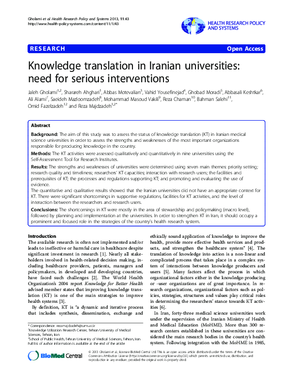 (PDF) Knowledge translation in Iranian universities: need for serious interventions