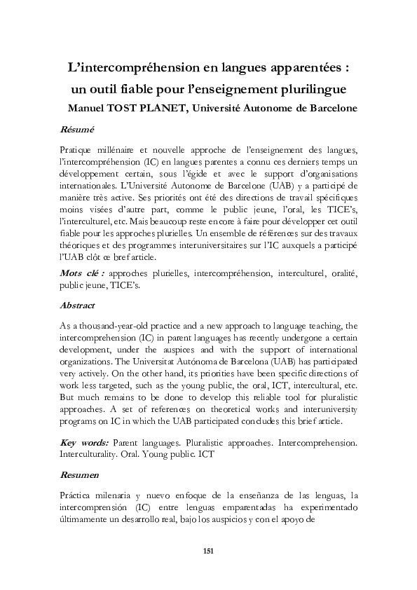 (PDF) Intercompréhension Entre Langues Apparentées: Un Outil Fiable ...