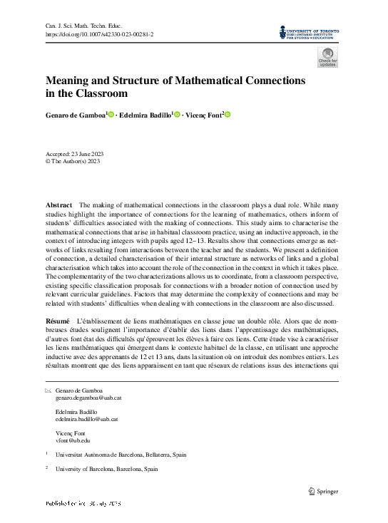 (PDF) Meaning and Structure of Mathematical Connections in the Classroom
