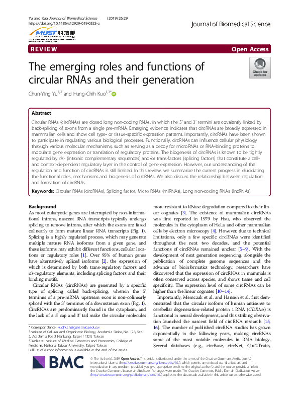 (PDF) The emerging roles and functions of circular RNAs and their generation