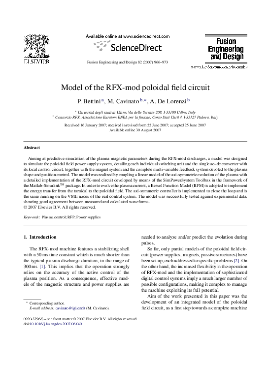 (PDF) Model of the RFX-mod poloidal field circuit | Antonio De Lorenzi - Academia.edu