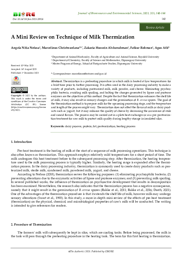 (PDF) A Mini Review on Technique of Milk Thermization