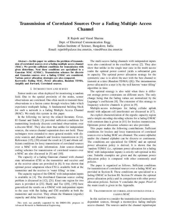 (PDF) Transmission of Correlated Sources over Fading MACs