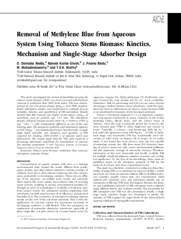 (PDF) Removal of methylene blue from aqueous system using tobacco stems biomass: Kinetics ...