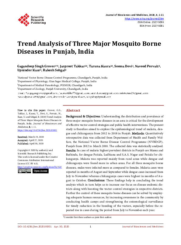 (PDF) Trend Analysis of Three Major Mosquito Borne Diseases in Punjab, India
