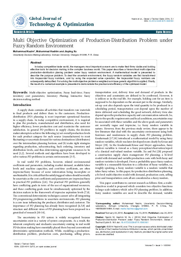 Pdf Optimizing Production Distribution In Fuzzy Context