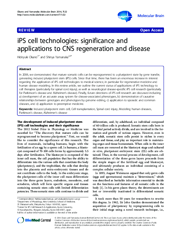 (PDF) iPS cell technologies: significance and applications to CNS regeneration and disease