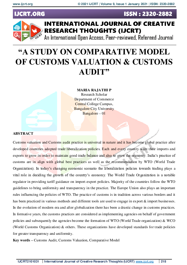 (PDF) “A Study on Comparative Model of Customs Valuation & Customs Audit”