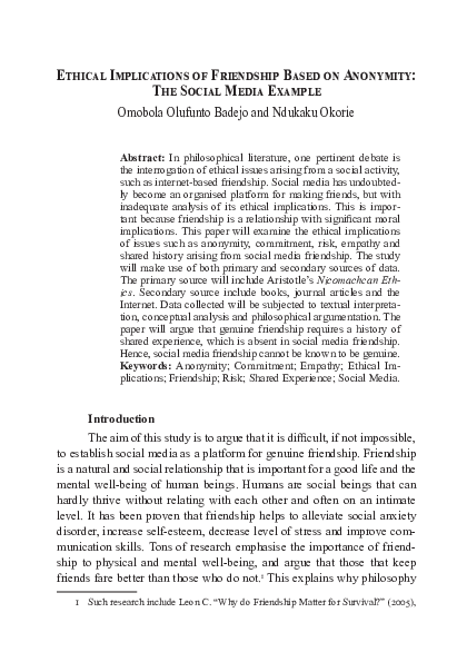(PDF) Ethical Implications of Friendship Based on Anonymity: The Social ...