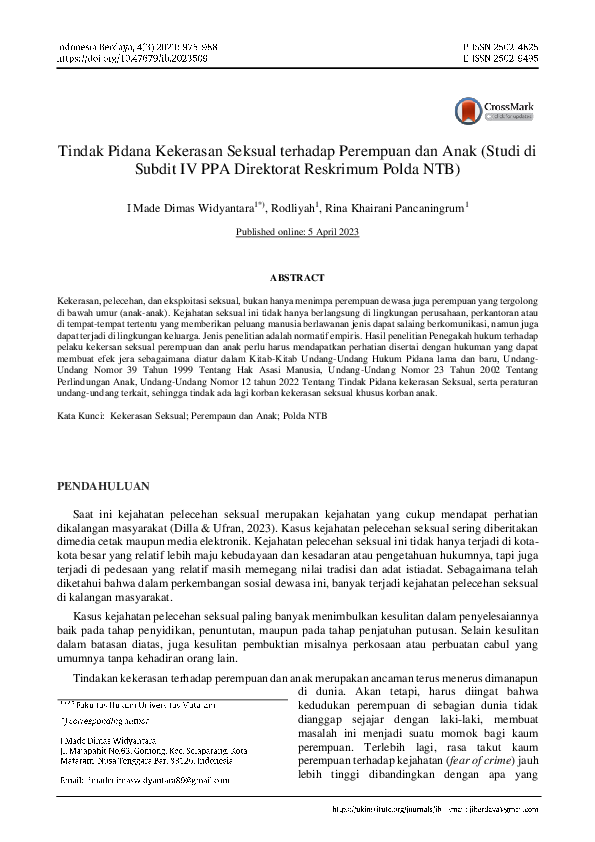(PDF) Tindak Pidana Kekerasan Seksual terhadap Perempuan dan Anak (Studi di Subdit IV PPA ...