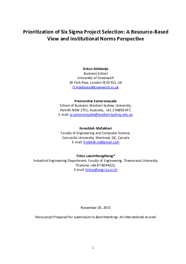 Pdf Prioritization Of Six Sigma Project Selection