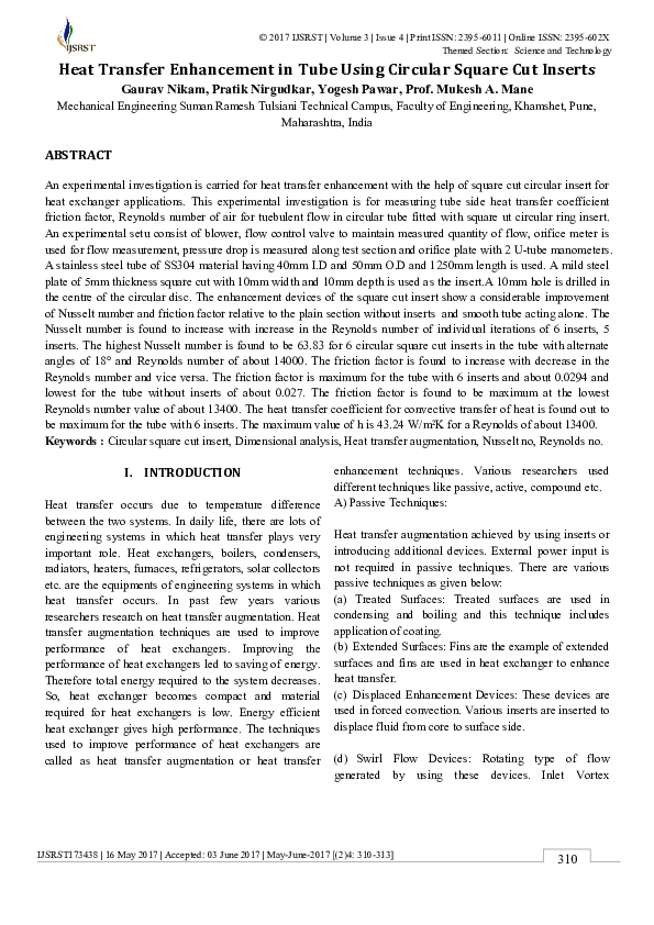 (PDF) Heat Transfer Enhancement in Tube Using Circular Square Cut ...