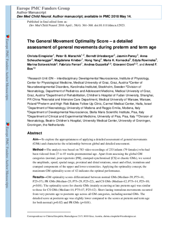 (PDF) The general movement optimality score: a detailed assessment of ...