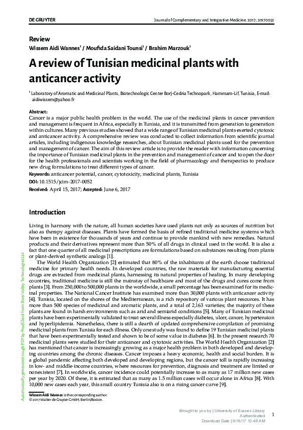 (PDF) A review of Tunisian medicinal plants with anticancer activity