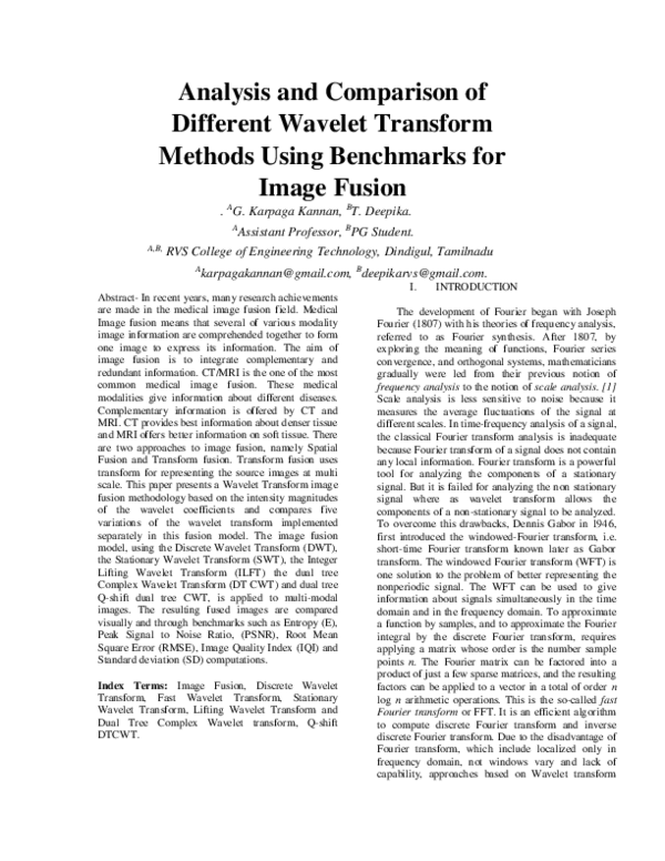 (PDF) Analysis and Comparison of Different Wavelet Transform Methods Using Benchmarks for Image ...
