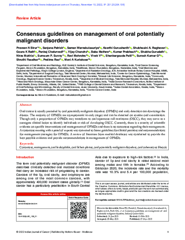(PDF) Consensus guidelines on management of oral potentially malignant ...