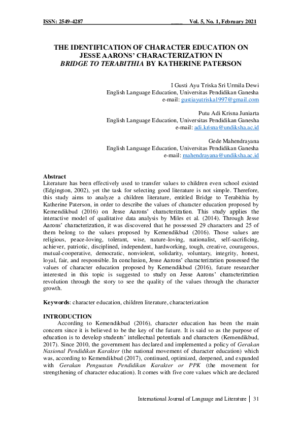(PDF) The Identification of Character Education on Jesse Aarons ...