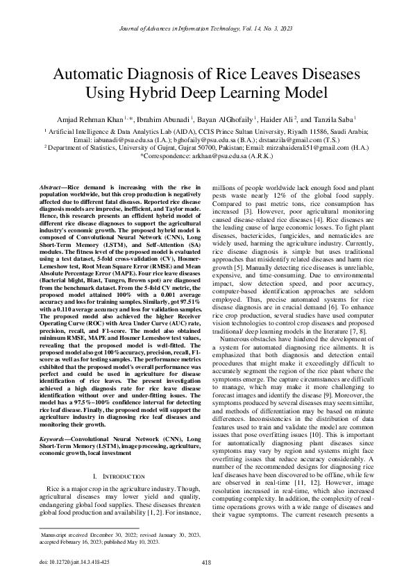 Pdf Automatic Diagnosis Of Rice Leaves Diseases Using Hybrid Deep Learning Model