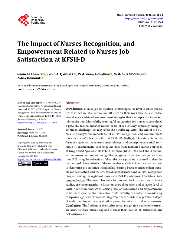 (PDF) The Impact of Nurses Recognition, and Empowerment Related to ...
