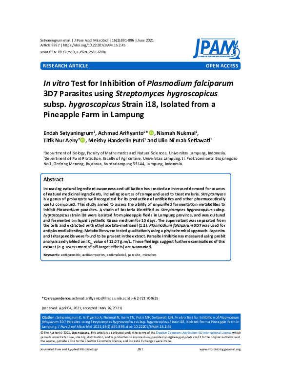 (PDF) Streptomyces i18 Inhibits Plasmodium falciparum