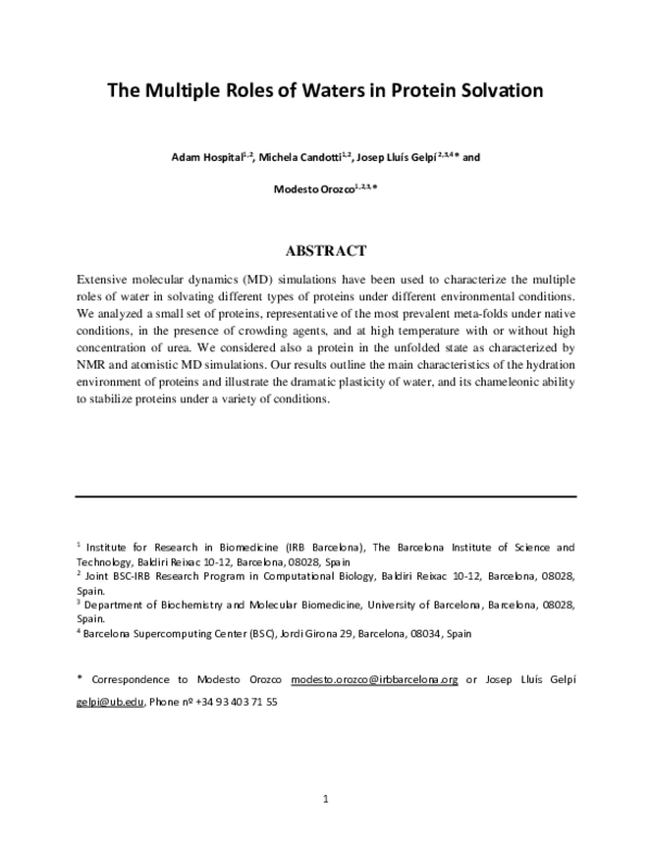 (PDF) The Multiple Roles of Waters in Protein Solvation
