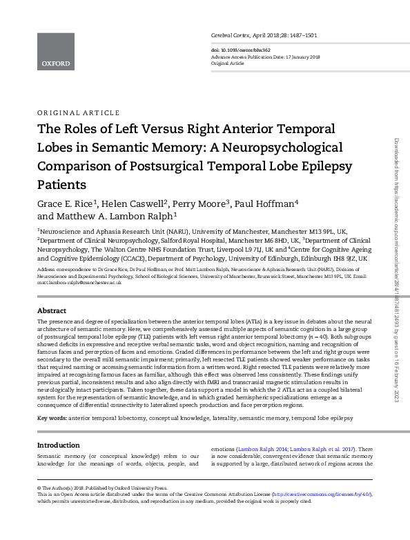 (PDF) The Roles of Left Versus Right Anterior Temporal Lobes in ...