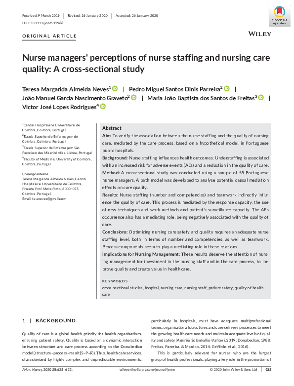 (PDF) Nurse managers' perceptions of nurse staffing and nursing care quality: A cross‐sectional ...