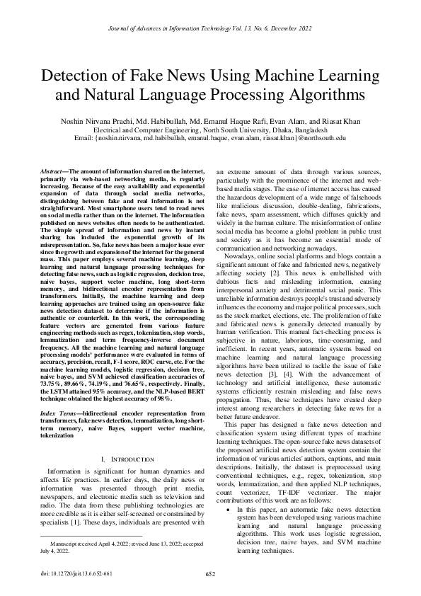(PDF) Detection of Fake News Using Machine Learning and Natural Language Processing Algorithms