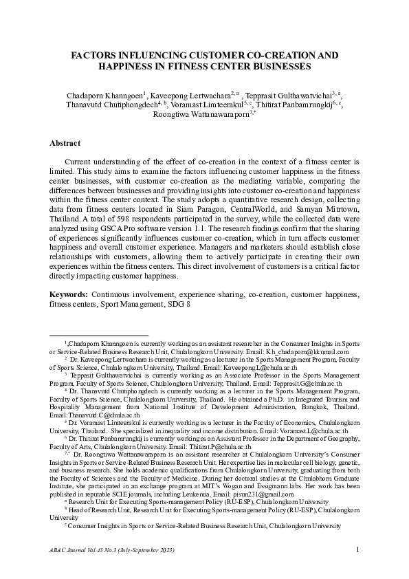 (PDF) Factors Influencing Customer Co-Creation and Happiness in Fitness Center Businesses