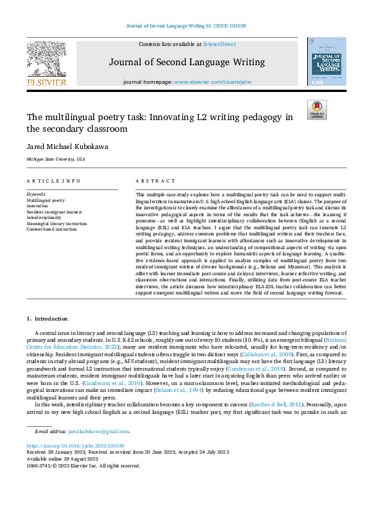 (PDF) The multilingual poetry task: Innovating L2 writing pedagogy in the secondary classroom