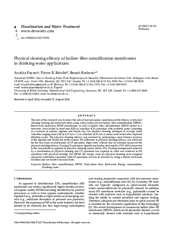 (PDF) Physical cleaning efficacy of hollow fiber nanofiltration ...